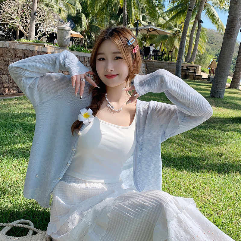 蓝色外搭开 衫配吊带高级感薄款夏季冰丝针织上衣防晒罩衫空调衫