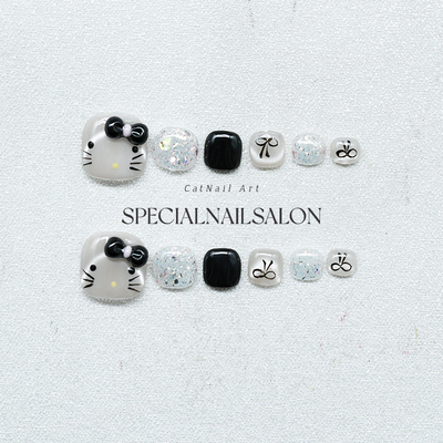 【霓光猫步】纯手工穿戴甲夏季美甲可爱猫咪细闪蝴蝶结脚指甲贴片