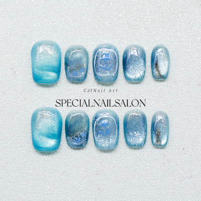 【蓝溪幽梦】纯手工穿戴甲湖泊蓝猫眼手绘小花春夏清新感显白美甲