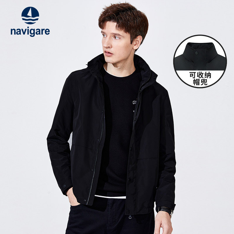 Navigare意大利小帆船黑色连帽夹克外套男秋季新款休闲冲锋衣男装_虎窝淘