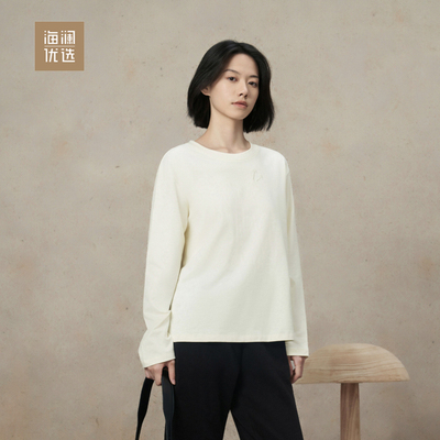 海澜优选棉质蘑菇刺绣柔软俏皮宽松女长袖T恤