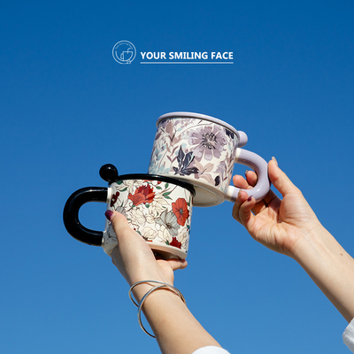 设计感格桑花陶瓷马克杯带盖高颜值办公室咖啡杯家用情侣喝水杯子