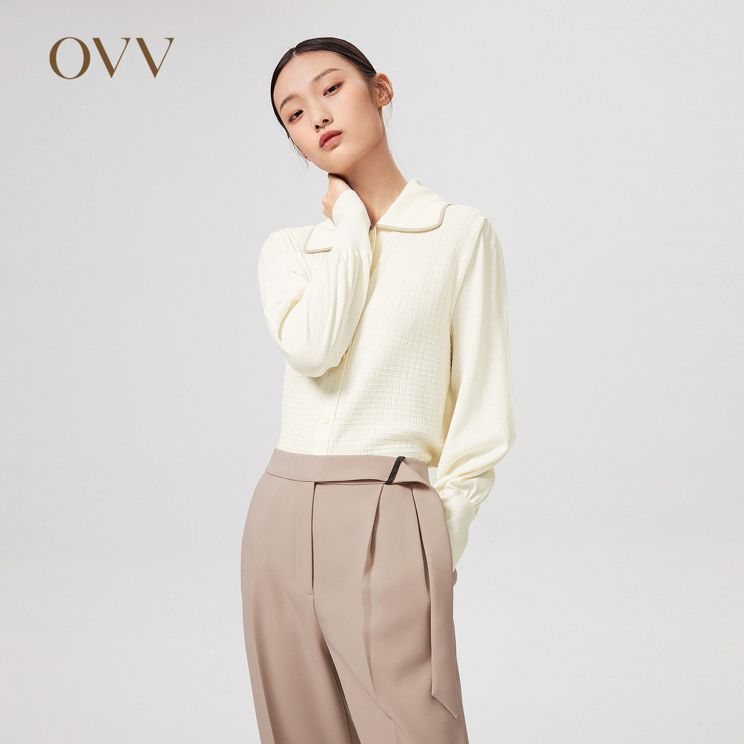 OVV春夏热卖女装高支羊毛宽松立体花型灯笼袖撞色休闲外套_虎窝淘