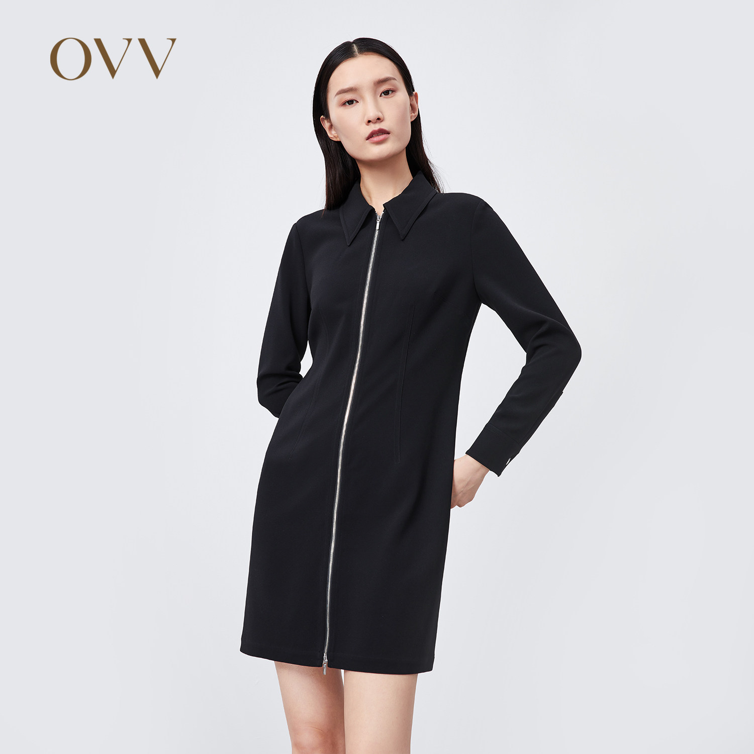 OVV春夏日本进口醋酸面料长袖连衣裙小黑裙女GQLCJ11002A_虎窝淘