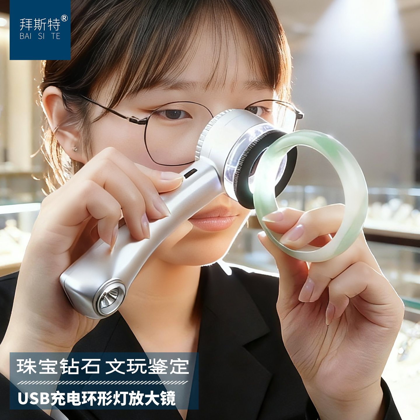 60倍鉴定专用放大镜文玩古董珠宝玉石高清带灯带刻度三光源手电筒