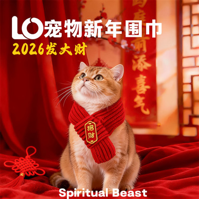 灵气兽猫咪新年围巾宠物围脖红色保暖中国风口水巾围兜新年装饰品