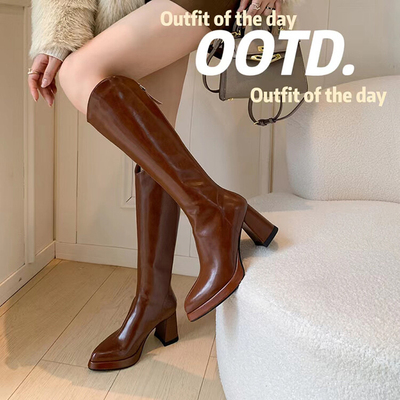 q.zuuc/千足婵欧美粗跟V口骑士靴