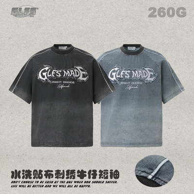 GLFS美潮ins蝙蝠字重磅刺绣 复古水洗男式牛仔短袖跨境 女t恤批发