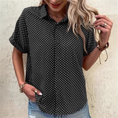 跨境亚马逊夏季新款衬衣女装欧美时尚翻领波点短袖衬衫女