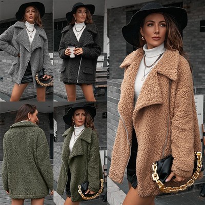 外贸欧美休闲宽松加厚泡泡绒拉链毛毛外套翻领羊羔毛绒风衣