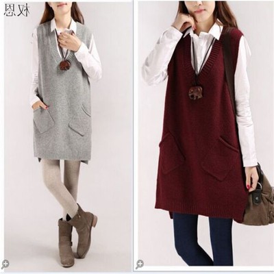 春秋新款马甲领背心针织口袋韩版中长款无袖毛衣女