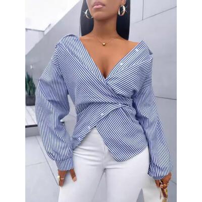 Versatile striped long sleeved shirt时尚性感百搭条纹长袖衬衫