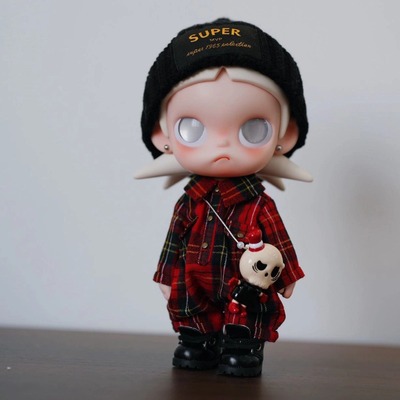 zsiga娃衣衣服着替手作格纹连体裤红色搪胶玩偶服装