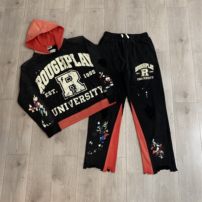 Rough Play Two Tone SweatSuit 潮牌拼接涂鸦洗水破洞绣花套装