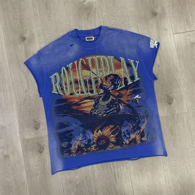 RoughPlay War Ready CutOff Sleeves 时尚烫钻美式小众短袖T恤