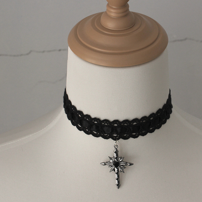 星芒十字架黑白蕾丝锁骨链项链颈饰惊慌choker日韩小钟配饰修女萝