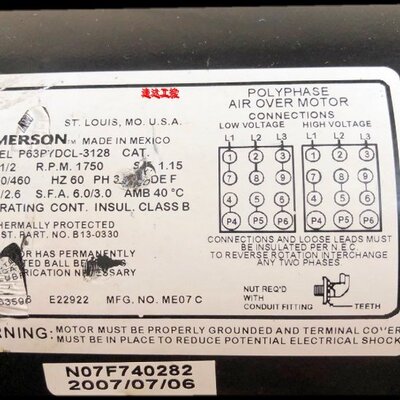 可开票EMERSON P63PYDCL-3128 CAT 11/2电机230/460V RPM.1750
