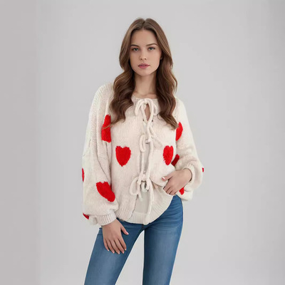 秋冬新款欧美跨境刺绣爱心女式毛衣绑带外套时尚百搭女装针织
