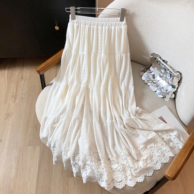 新款重工蕾丝花边半身裙女2026春秋松紧腰蓬蓬裙通勤气质A字长裙