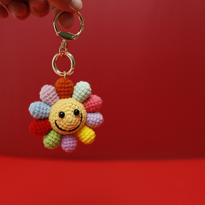 手工针织七彩太阳花挂件笑脸村上隆编织钥匙扣包包装饰挂饰成品