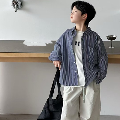 90023乔家长袖衬衫童装秋款男女童条纹衬衣中大童
