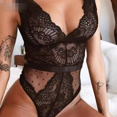 Lace Hollow Out Deep V Spliced See-Through Jumpsuit Lingerie