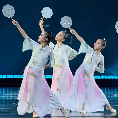 青烟里舞蹈表演服儿童古典舞飘逸成人演出服女童身韵纱衣斗笠道具