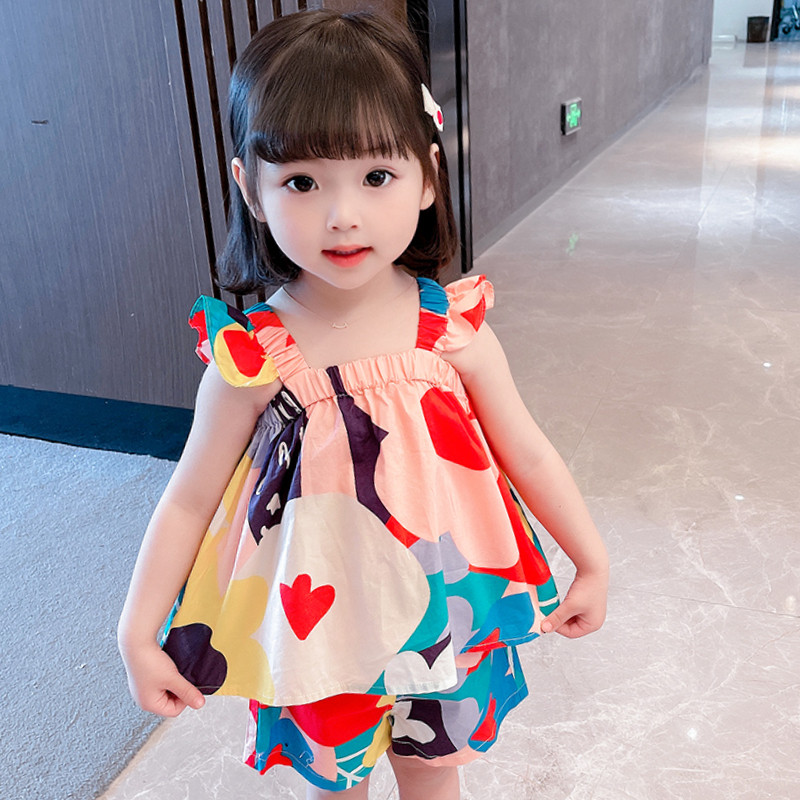 女童套装夏季2023新款洋气夏装纯棉女宝宝薄款儿童吊带短裤两件套_虎窝淘