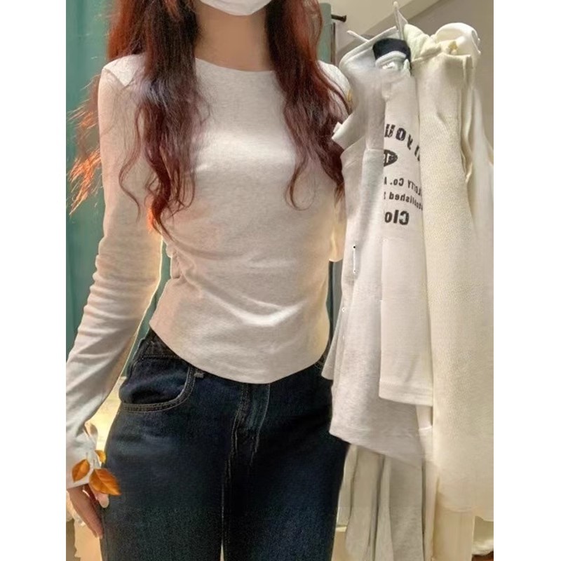 美式穿搭短款弧形长袖T恤女秋冬chic港风修身内搭收腰打底衫上衣