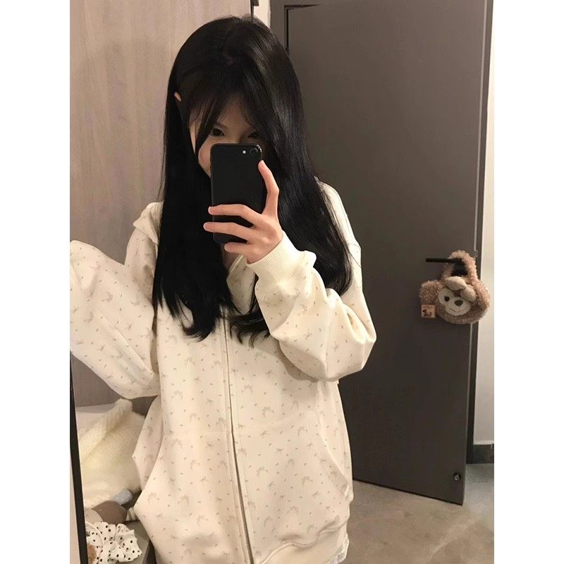美式穿搭薄款卫衣女春秋新款oversize连帽棒球服拉链开衫碎花外套