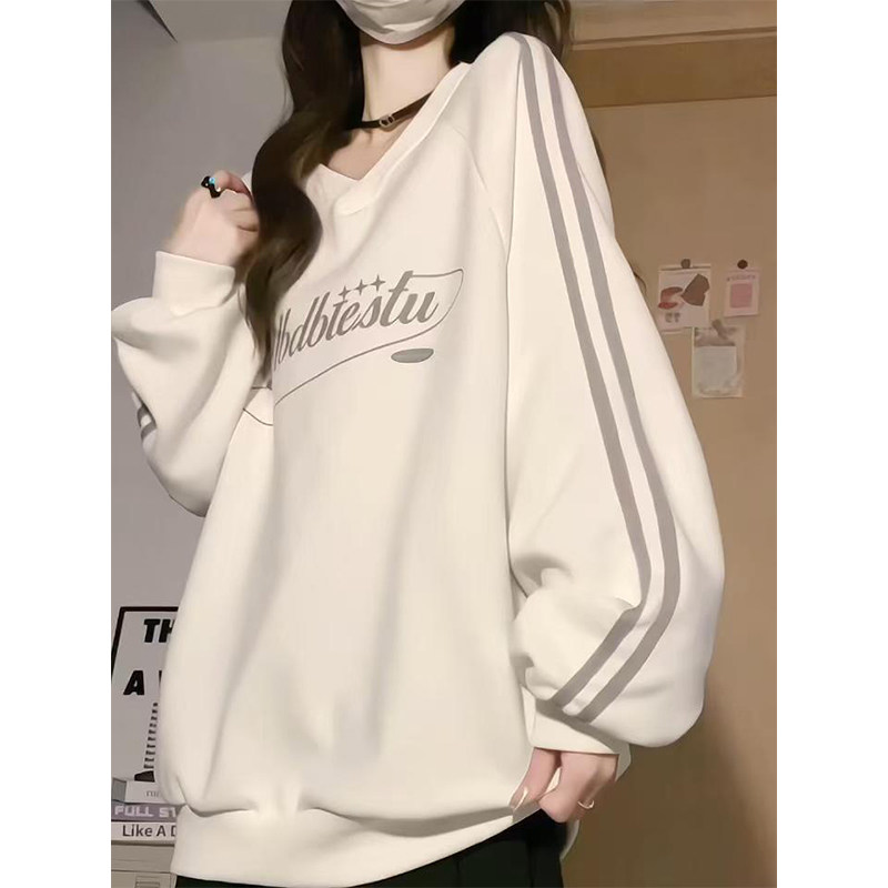 欧美式条纹V领无帽卫衣女秋冬装oversize加绒加厚外套慵懒上衣服