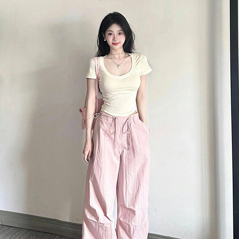 欧美式设计正肩U领纯棉短袖T恤女夏辣妹短款修身显瘦百搭体恤上衣