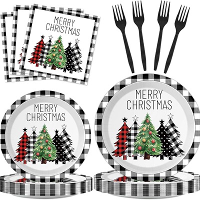 Black And White Plaid Christmas Tree Tableware Set Disposabl