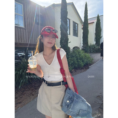 棉麻竹节精致V领短袖T恤针织背心