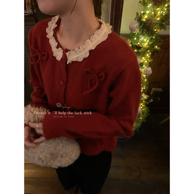 立体蝴蝶结拼花边保暖毛衣外套