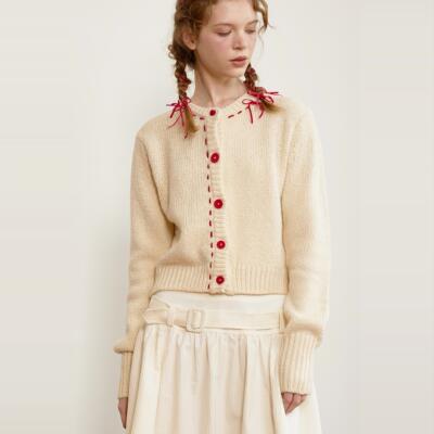 En blanc.ligne crème原创设计奶白色丝绒蝴蝶结针织短开衫
