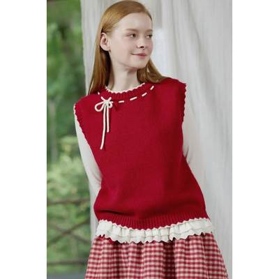 En blanc.原创设计勾线系带蝴蝶结针织背心