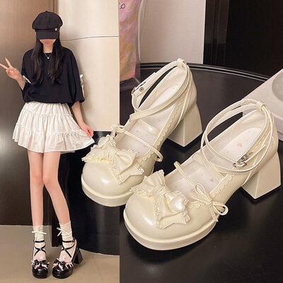 法式复古玛丽珍粗跟lolita小皮鞋原创甜美蝴蝶结配裙子高跟鞋