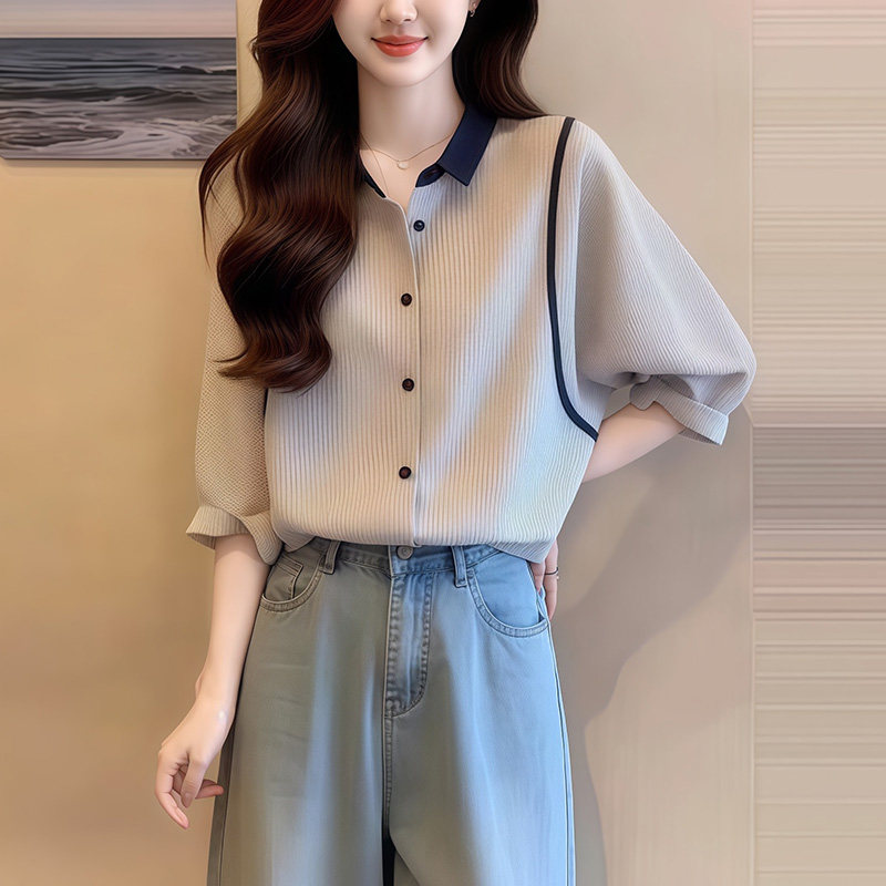 韩系撞色拼接条纹Polo领七分袖上衣女款夏季时髦开衫显瘦宽松衬衫