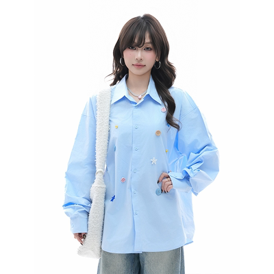 kk soul美式街头风立体海星纽扣polo领衬衫女中性风情侣宽松衬衣