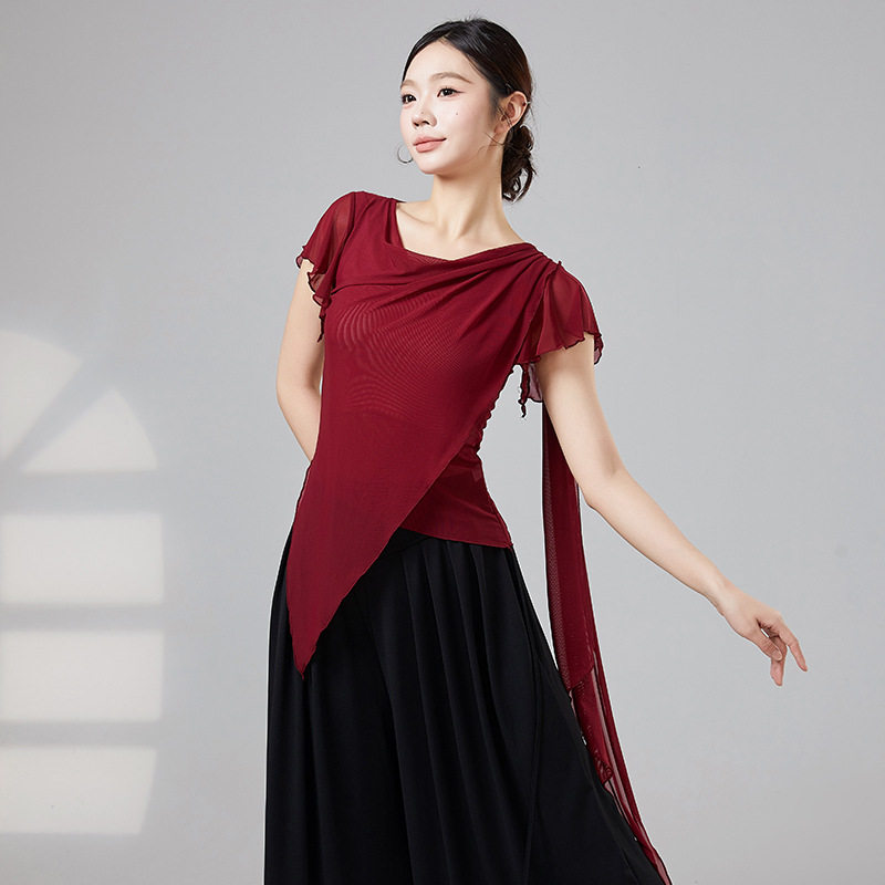 古典舞女网纱拼接飘带不规则上衣中国舞蹈生日常形体训练练功服
