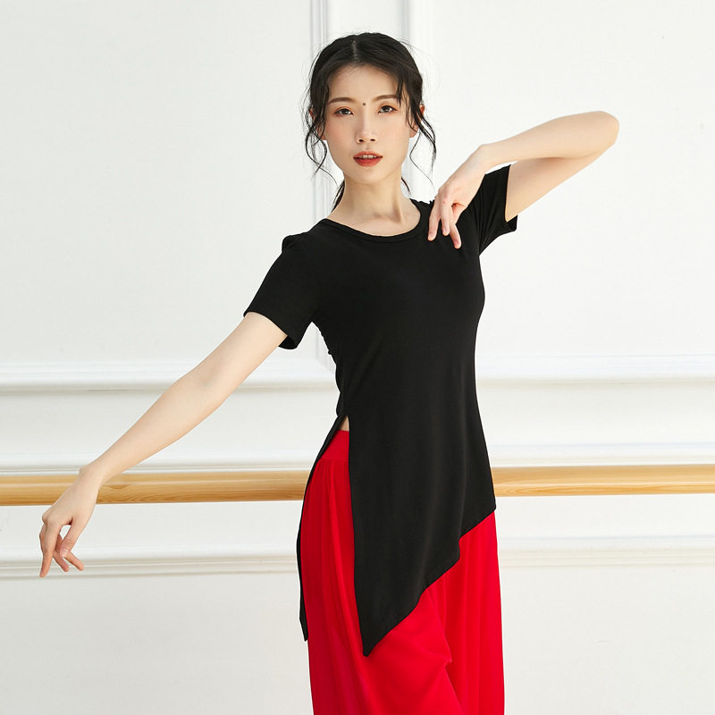 春夏现代舞开叉斜角上衣舞蹈服练功服短袖基训服演艺考古典舞瑜伽