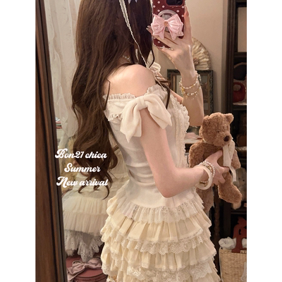 法式少女蝴蝶结拉肩蕾丝针织上衣