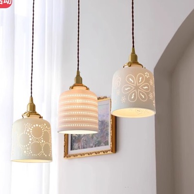 法式中古陶瓷餐厅吊灯日式复古艺术玄关吧台床头灯橱窗黄铜小吊灯