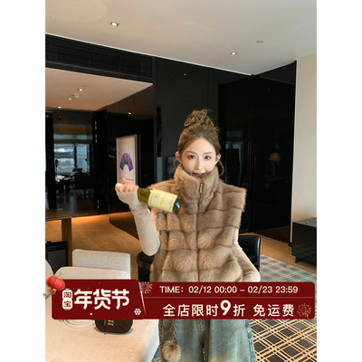 MLS层叠毛序立领仿貂毛马甲女