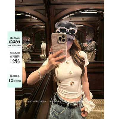 MLS 鎏金朵朵 细节控挚爱2026春夏新款上衣女珠片花朵设计修身T恤