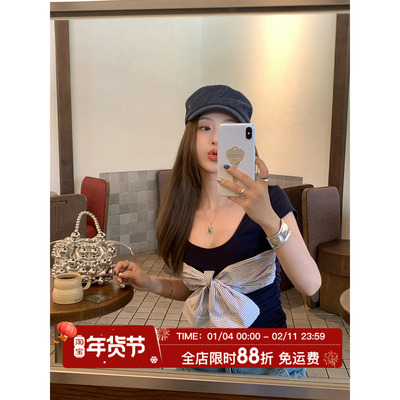 MLS 糖霜蝴蝶结 甜美绑带大圆领短袖T恤女夏季辣妹修身短款上衣