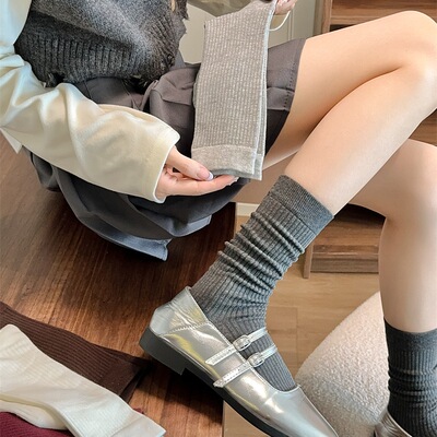 莓果春秋新款女中筒堆堆袜日系红