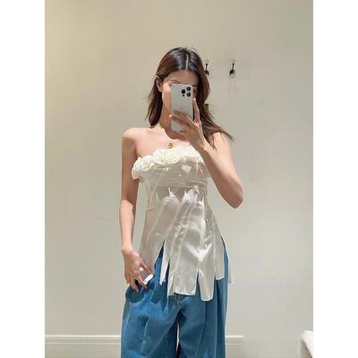 【zui高品质】绝美甜辣立体玫瑰抹胸上衣不规则设计飘带上衣