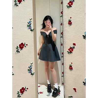 【zui高品质】shushu 纯欲性感连衣裙弧形一字肩蝴蝶结收腰裙sst